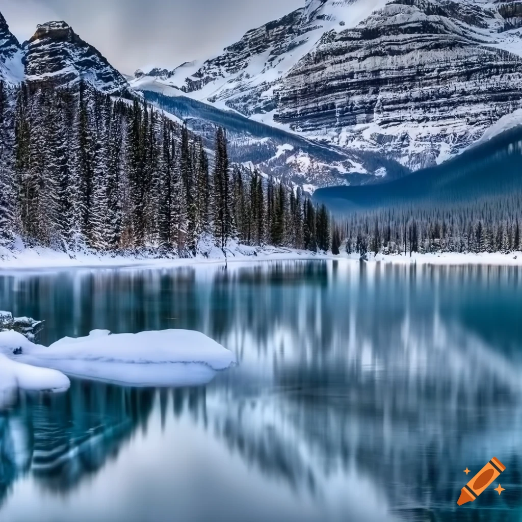 Winter scene in banff with a stunning lake on Craiyon