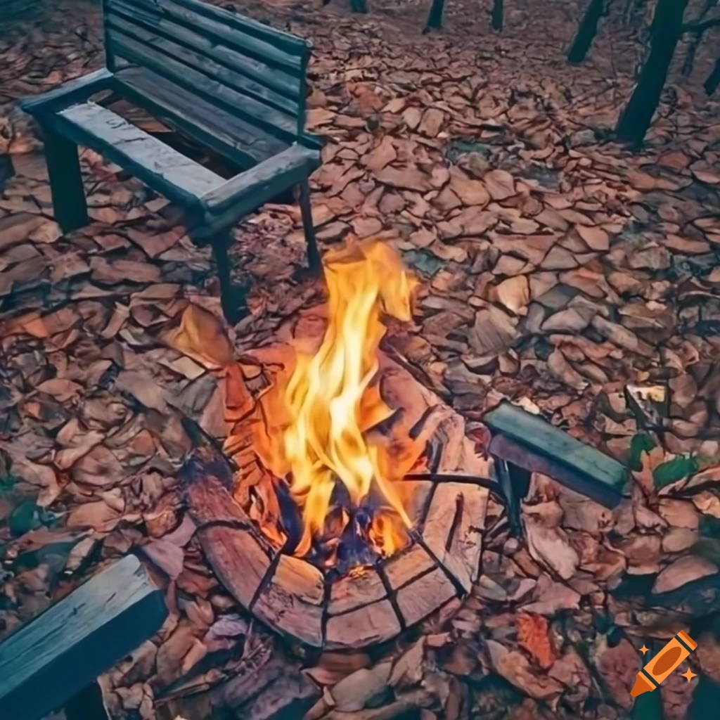 Campfire site with benches in the woods, viewed from above on Craiyon