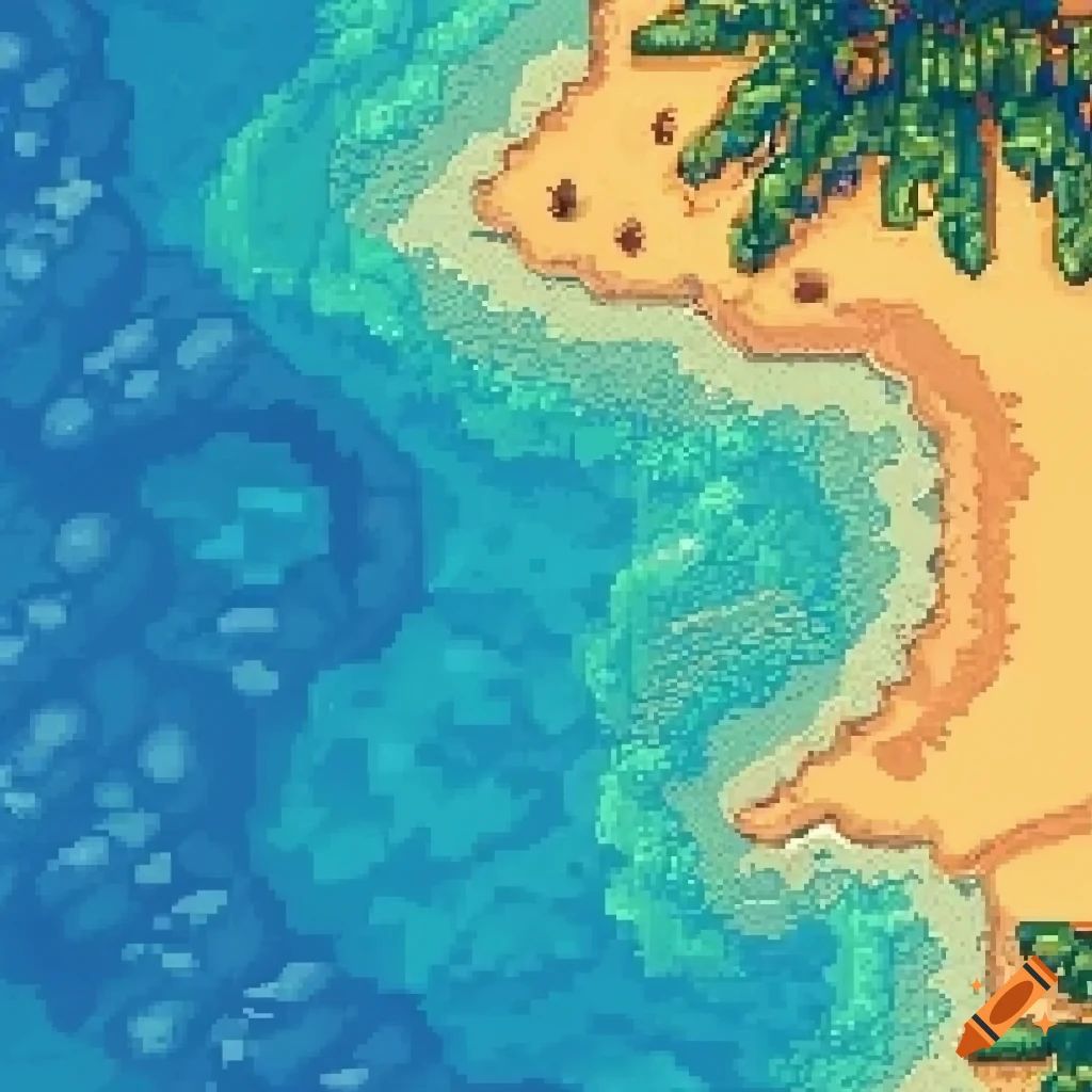 Colorful sandy beach with palm trees and clear blue water in 2d pixel ...