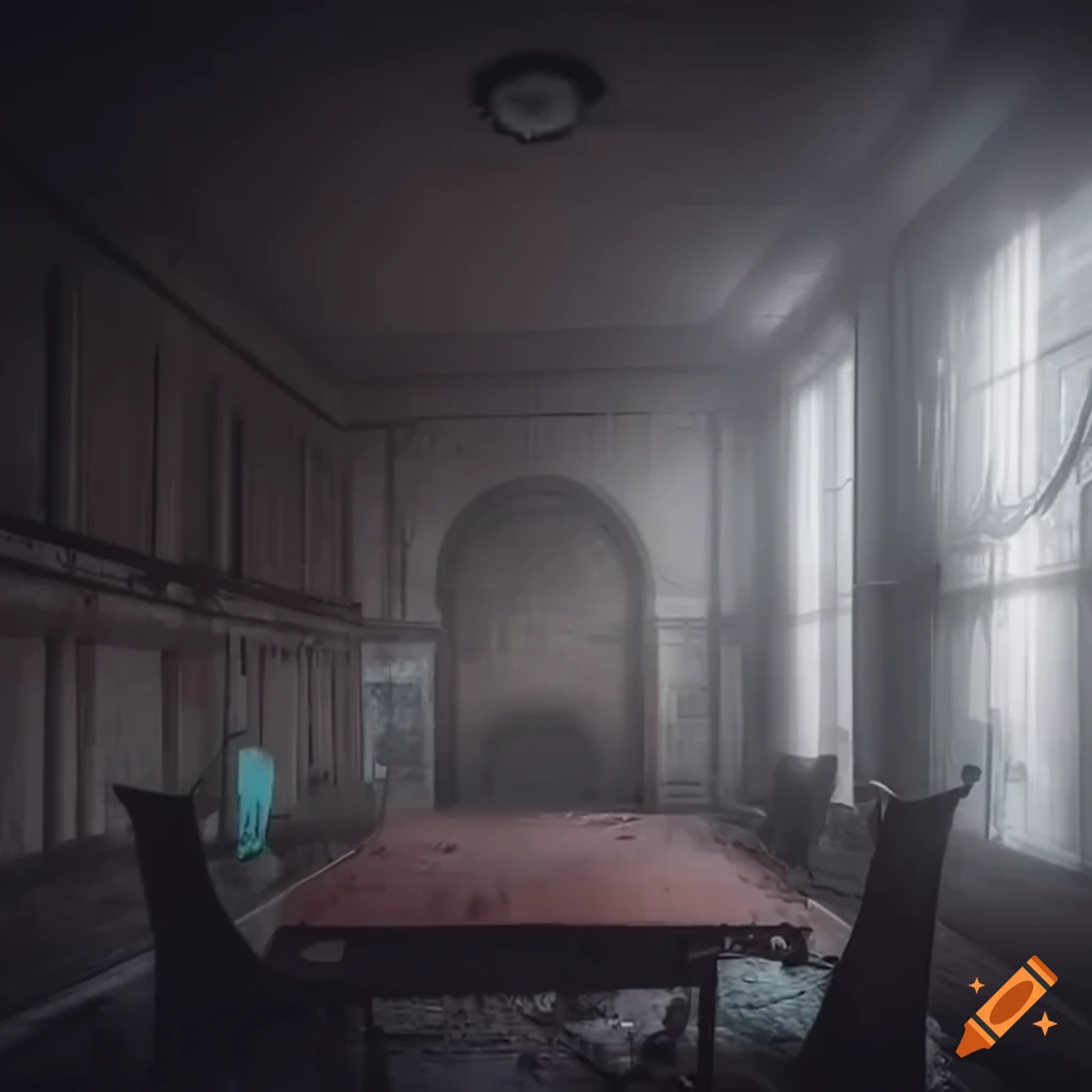 Abandoned conference room in fog on Craiyon
