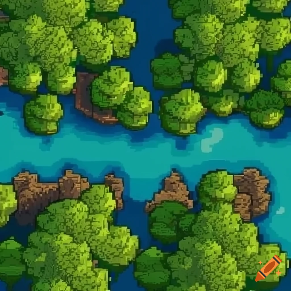 Pixel art of trees near a river on a sunny day in RPG maker tileset on ...