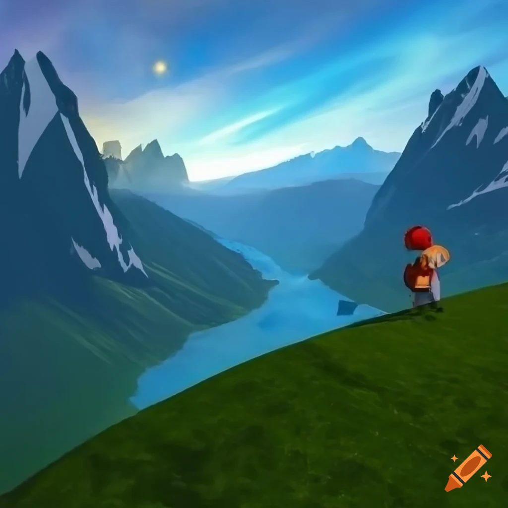 Super mario 64 tall, tall mountain landscape on Craiyon