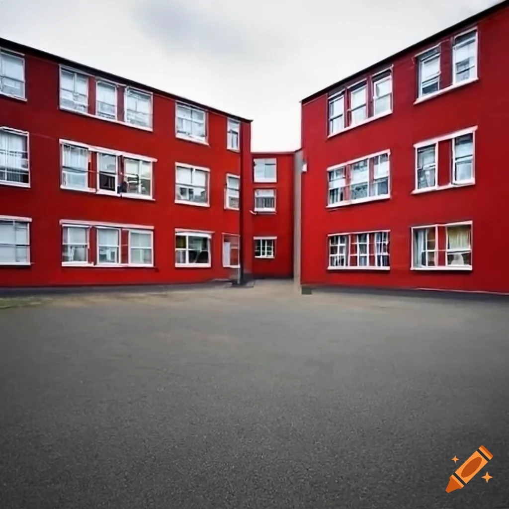 Two storey school buildings with a grey yard in the middle on Craiyon