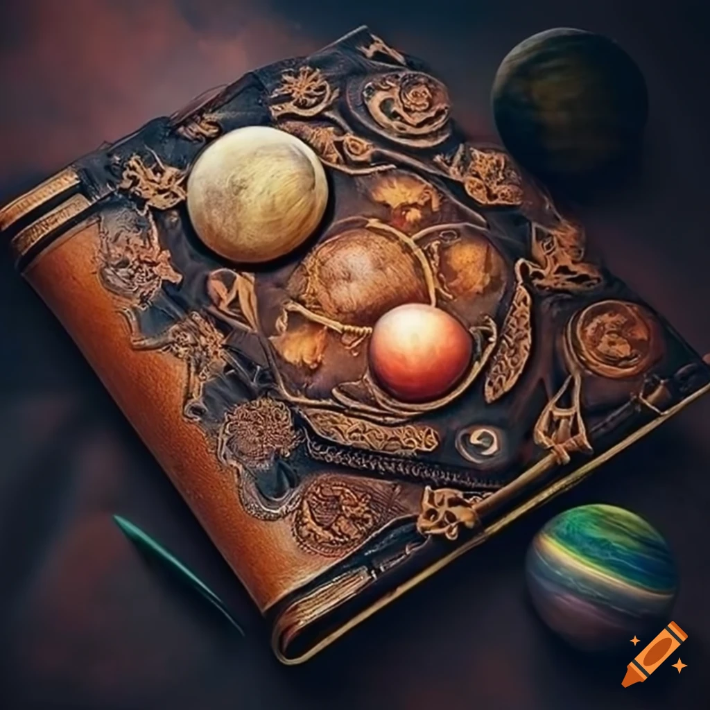 Leather fantasy spellbook with planets and sun on the cover on Craiyon