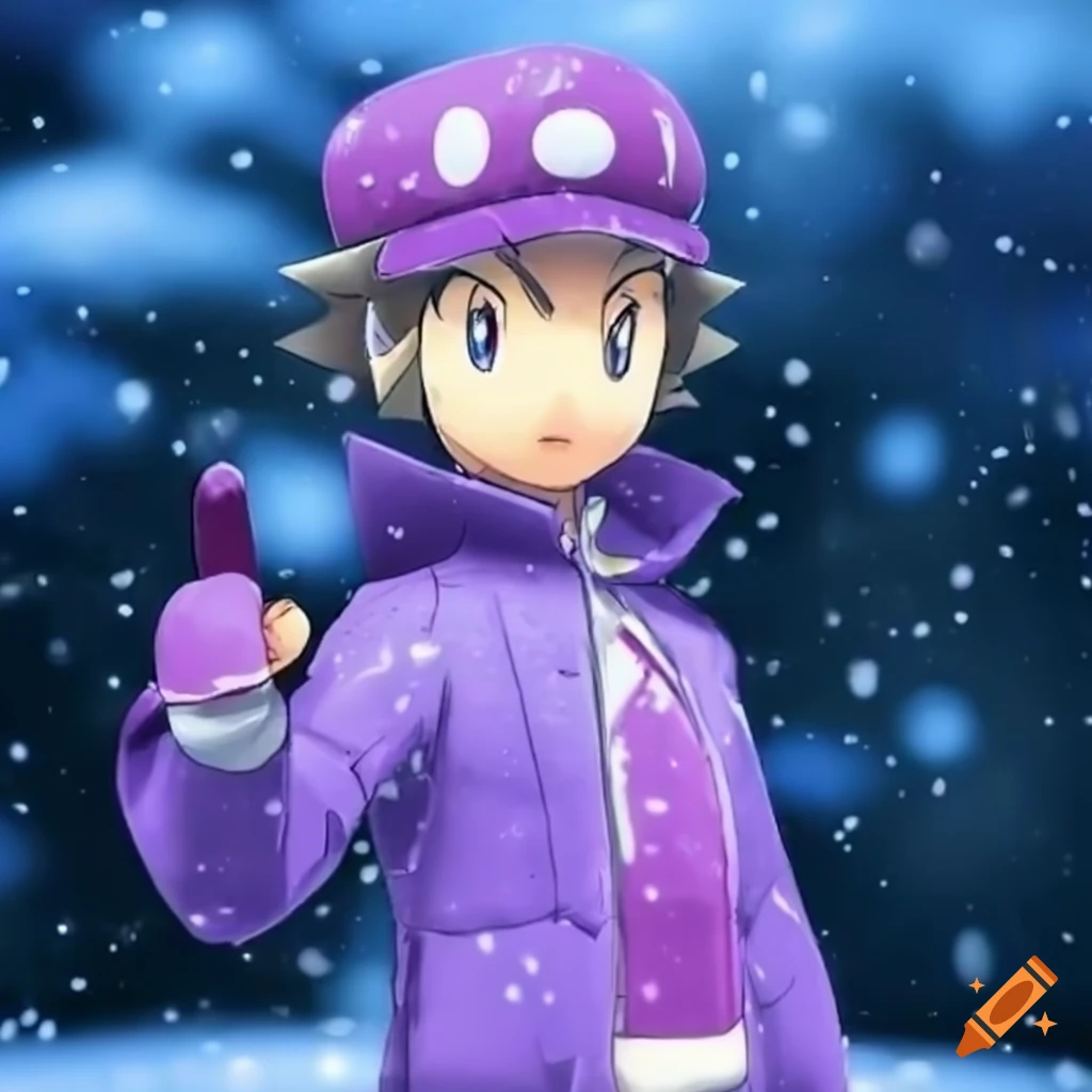 Purple male pokemon trainer in a snow storm on Craiyon