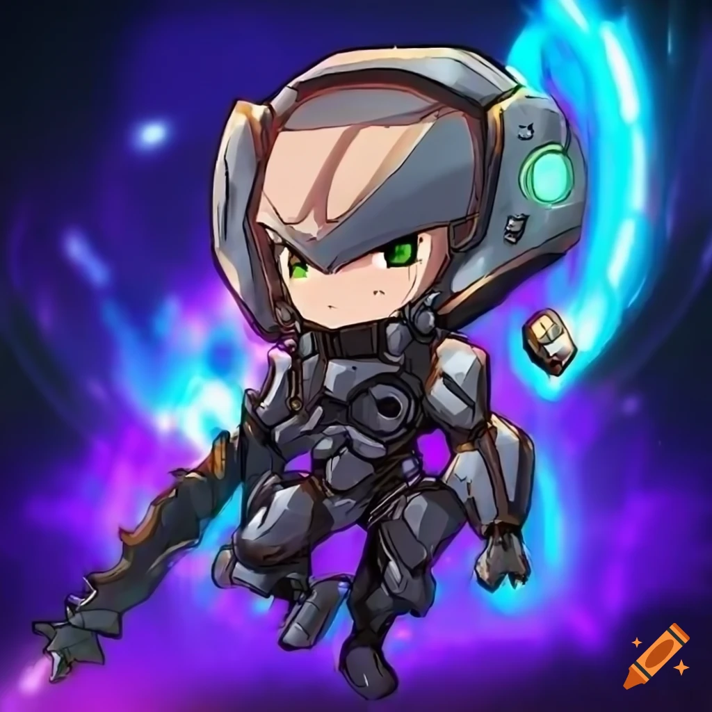 Chibi sci-fi anime style hero in full armor with neo-plasma blades on ...