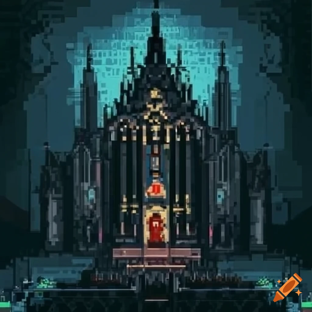 Detailed pixel art banner of a gothic cathedral in dark colors on Craiyon