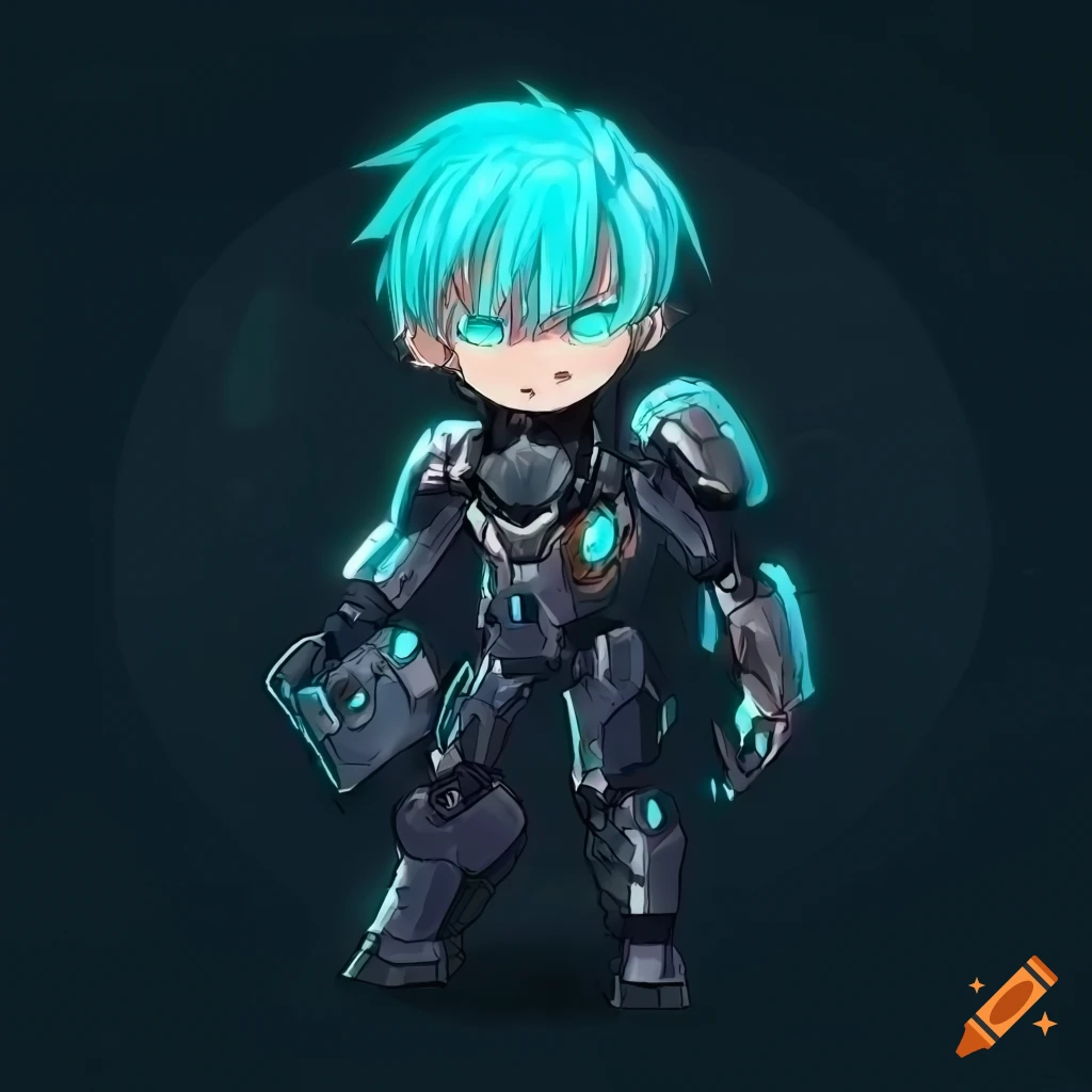 Chibi sci-fi anime hero in full armor with neo-plasma weapons on Craiyon