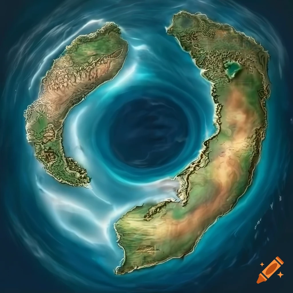 Realistic fantasy map of an archipelago with a whirlpool on Craiyon