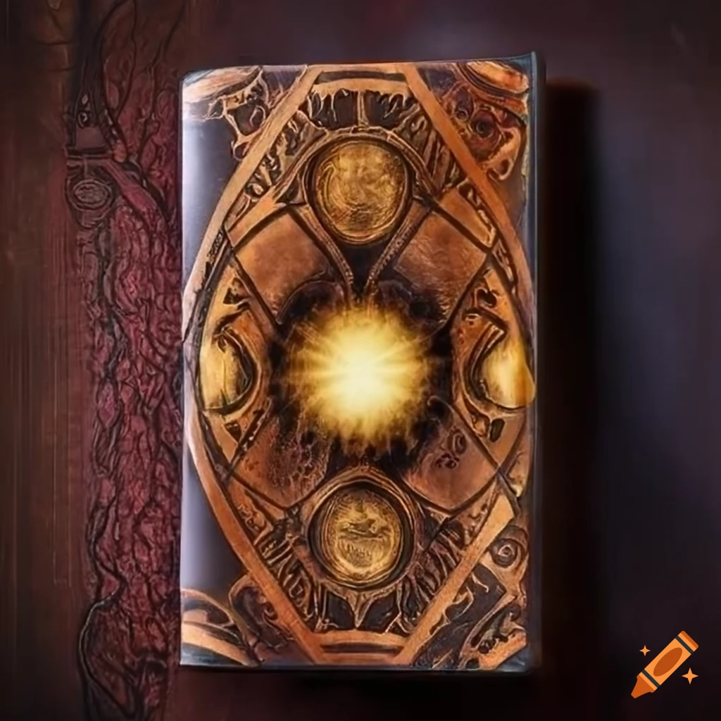 Leather fantasy spellbook with planets and sun in triangle pattern on ...