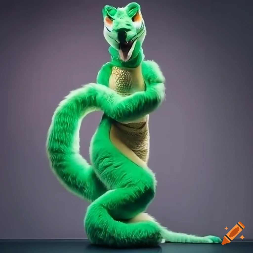 Female employees in green snake mascot fursuits at store on Craiyon