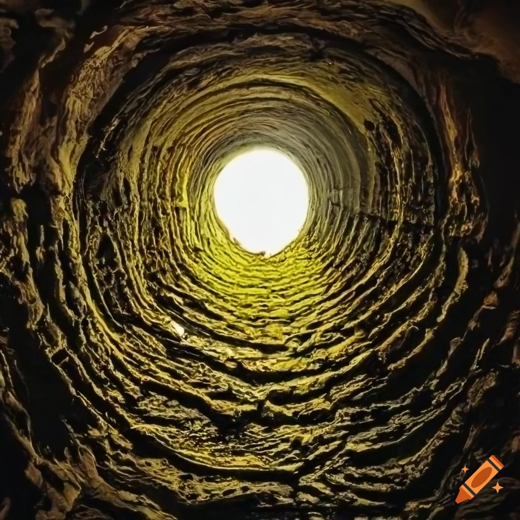 View from inside deep dark pit looking up at light and beautiful nature ...