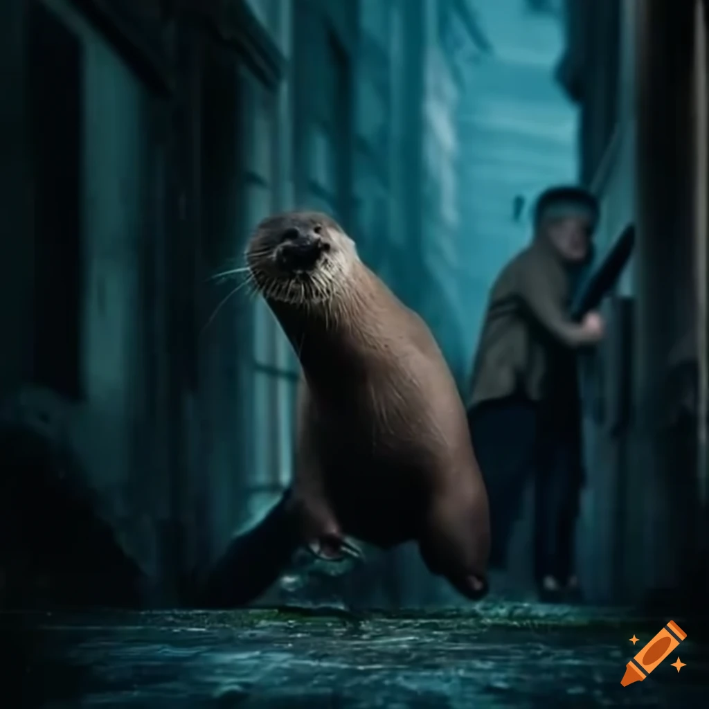 Confrontation between a small man and an otter in a dark alley on Craiyon