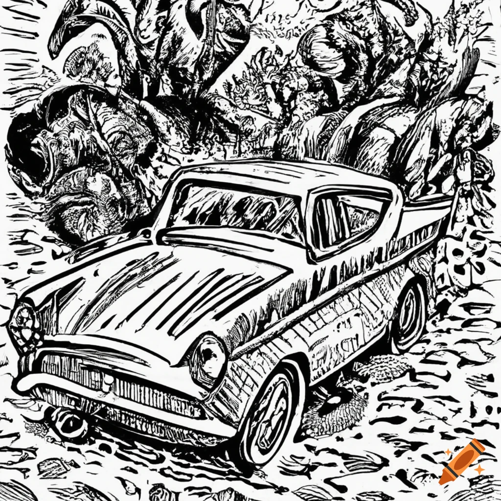 Satirical cartoon of a flying ford anglia in black and white ink ...