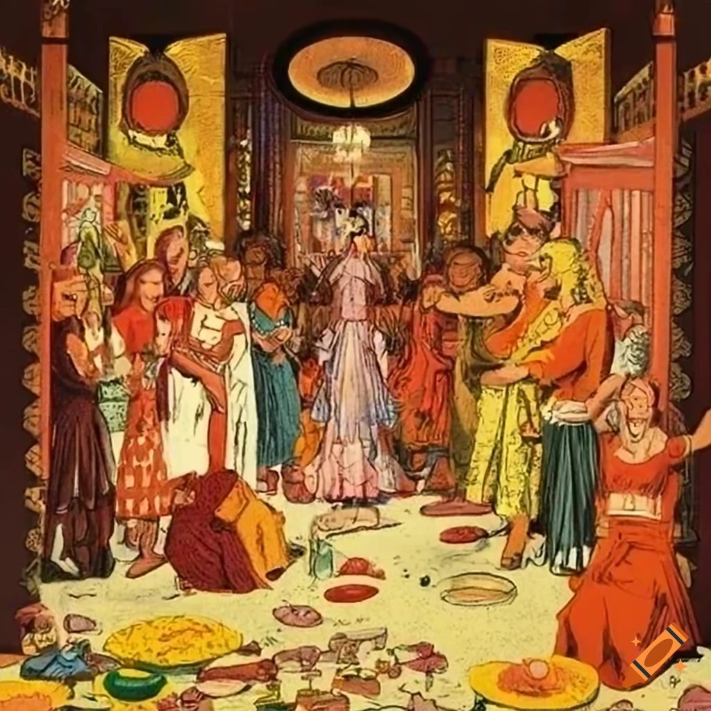 Epic 1970s mallcore illustration titled "feast of the starlost" on Craiyon