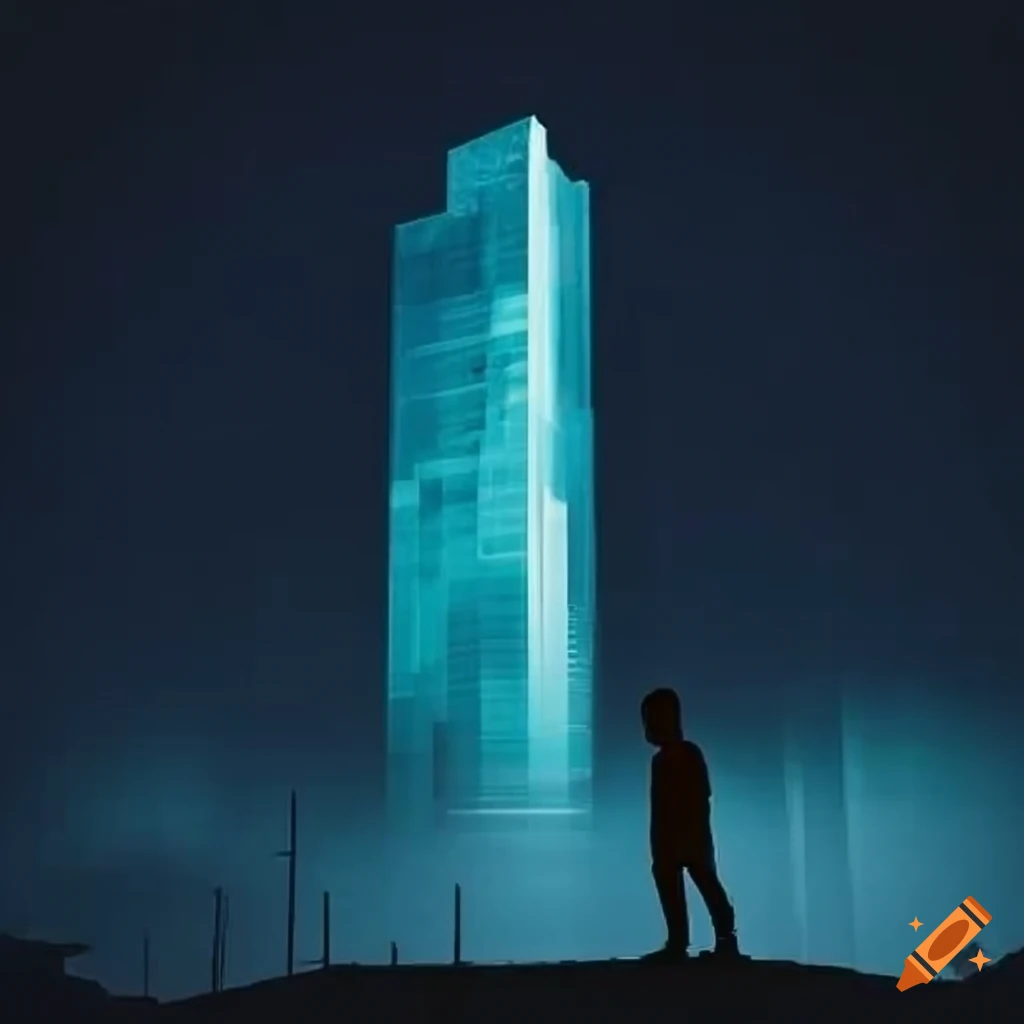 Silhouette of a man in front of a tall high-tech building amid rubble ...