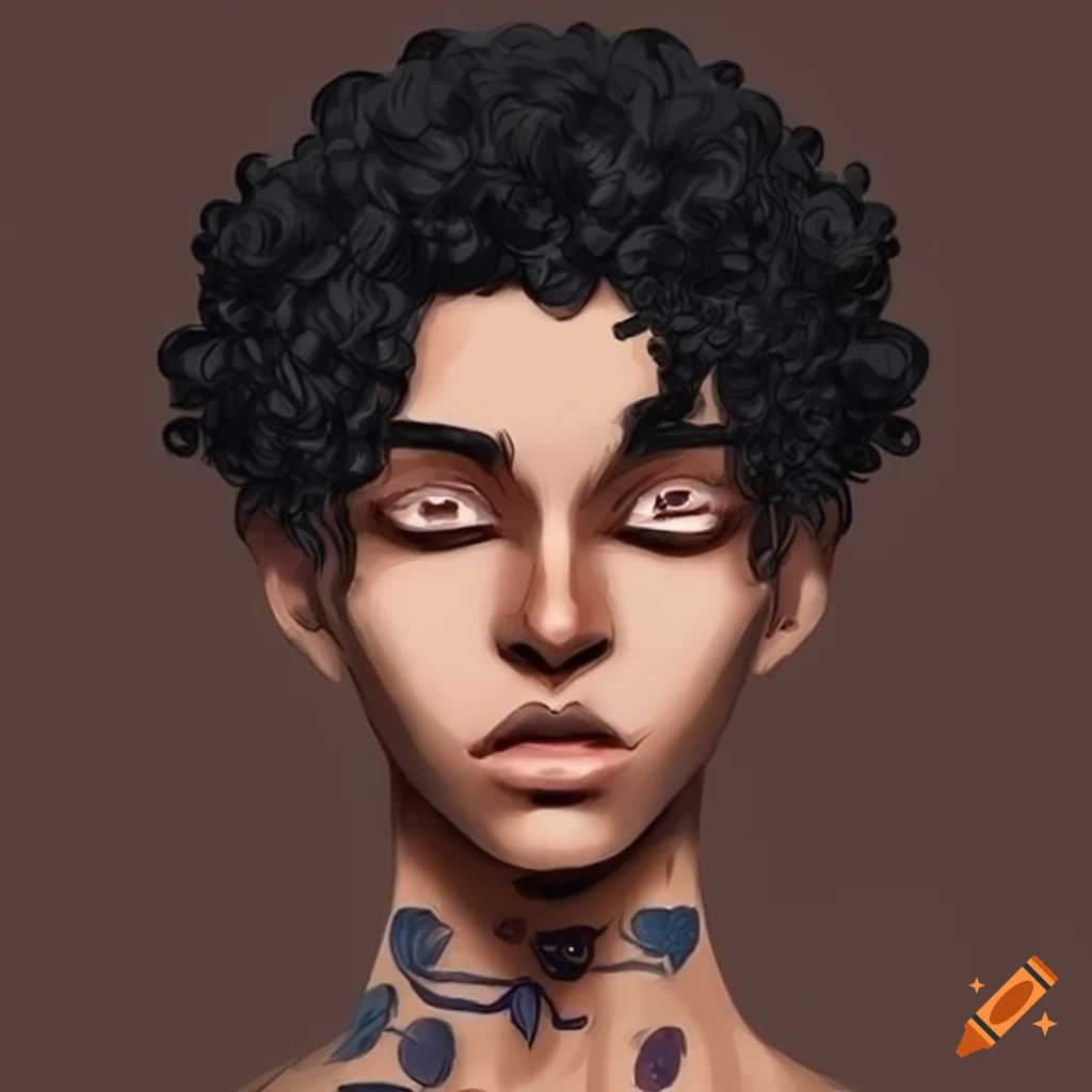 Japanese Anime Inspired Male Character With Dark Brown Skin Curly Hair