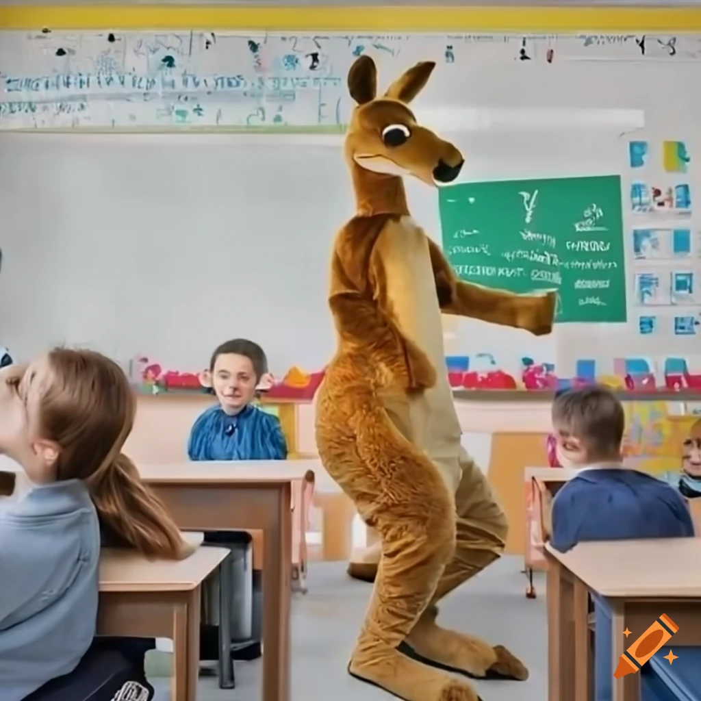 Male teacher in kangaroo mascot costume at school classroom on Craiyon