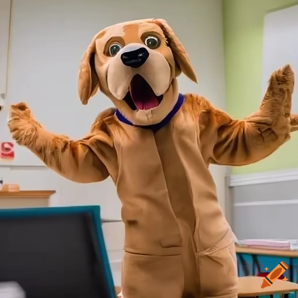 Female teacher in labrador mascot fursuit at classroom on Craiyon