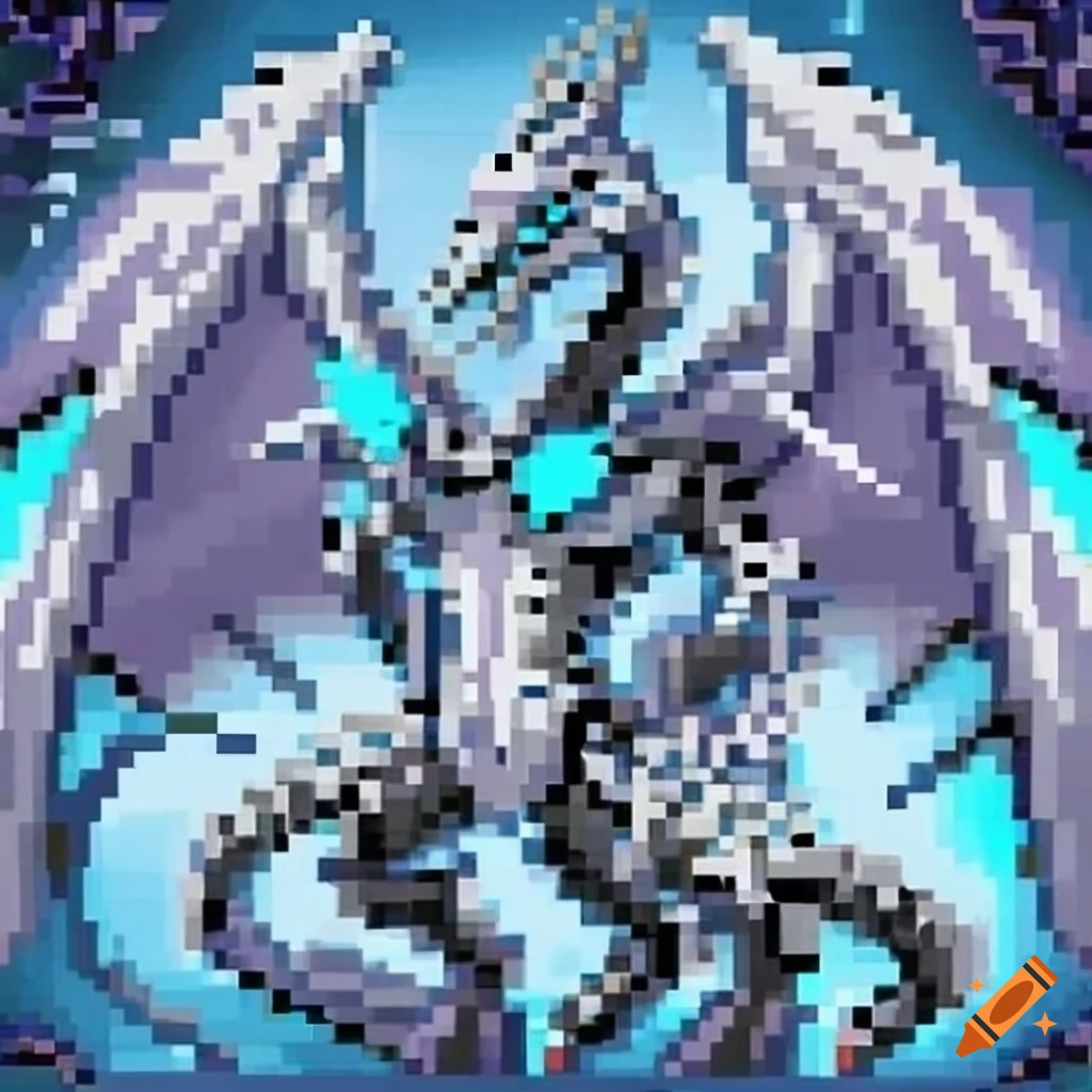 Epic pixel art of yugioh blue eyes white dragoon on Craiyon