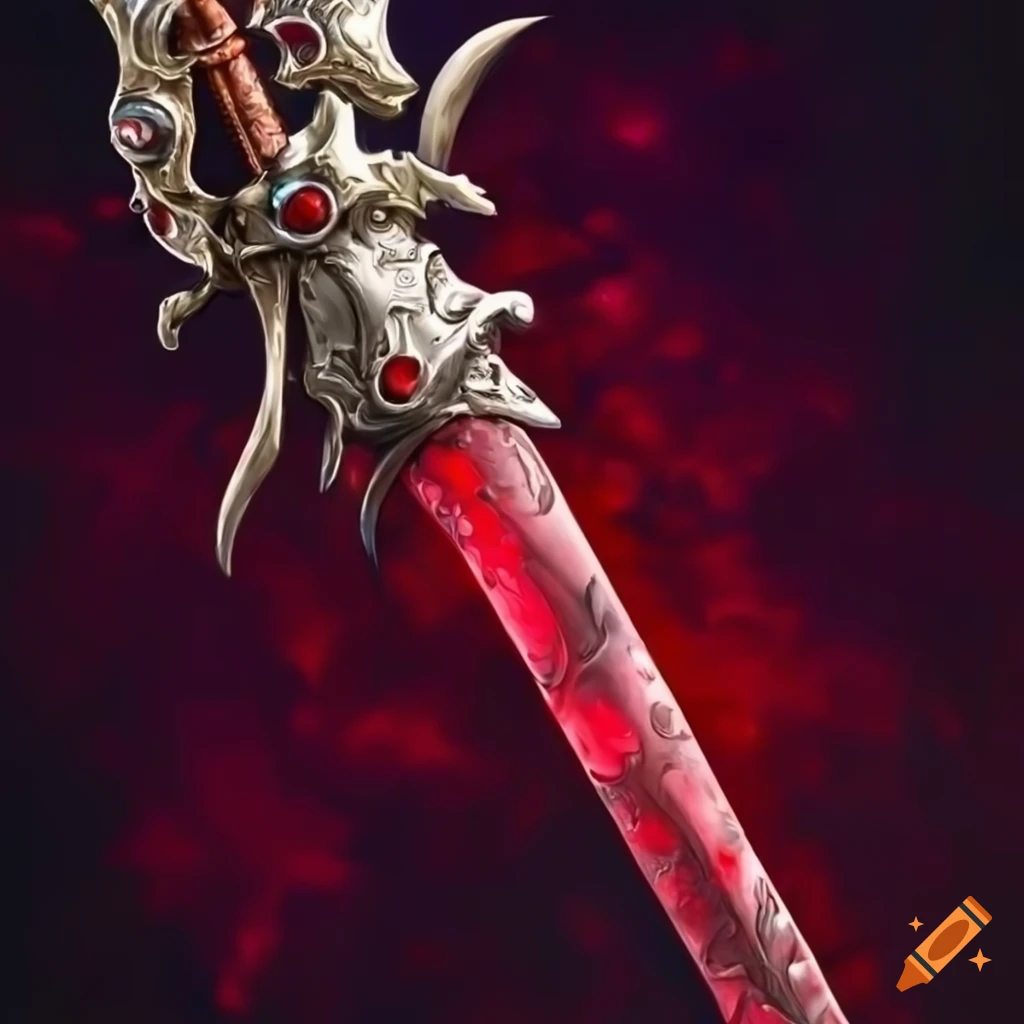 Unique depiction of a mythological weapon with vibrant red blade and ...