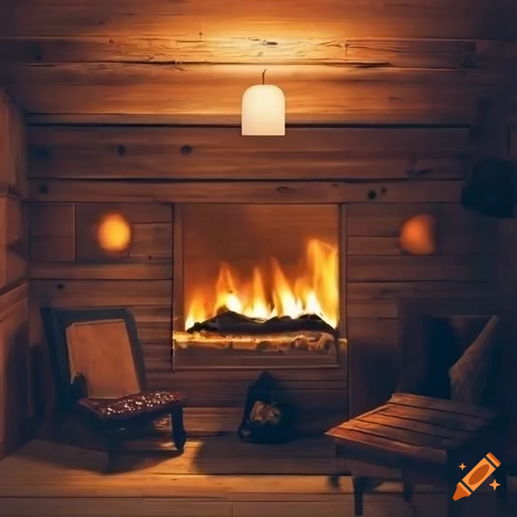 Cozy living room with rustic wooden furniture and lit fireplace on Craiyon