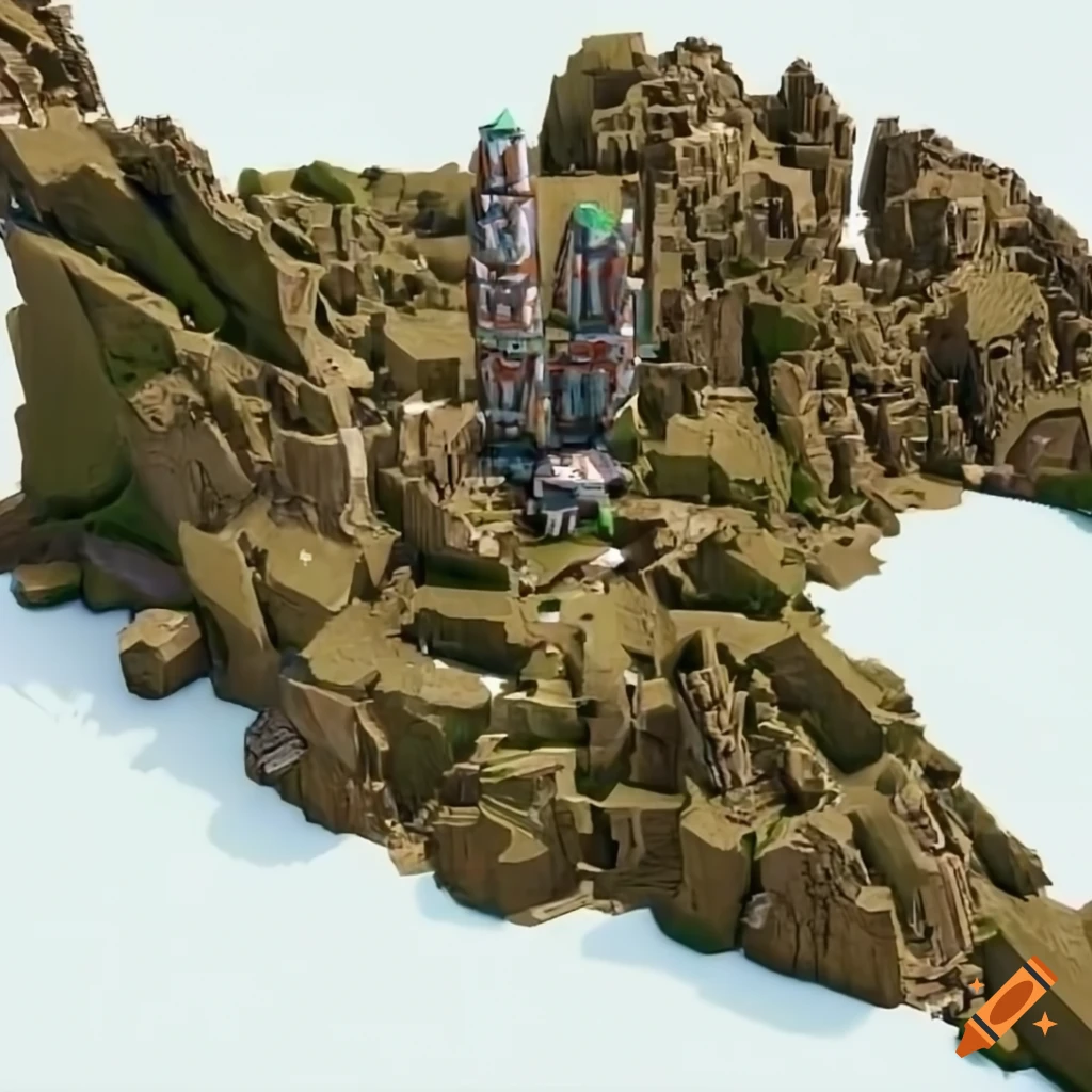 Diagonal view of 3d geometrical shapes around a high totem on Craiyon