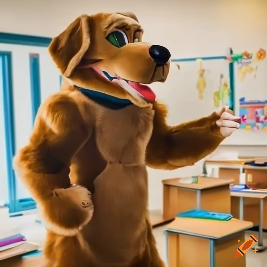 Female teacher in cartoon labrador mascot costume at classroom on Craiyon