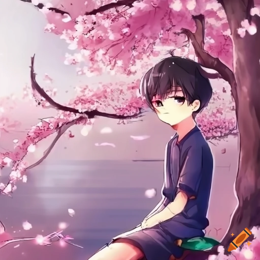 Anime boy sitting under a cherry blossom tree writing in diary on Craiyon