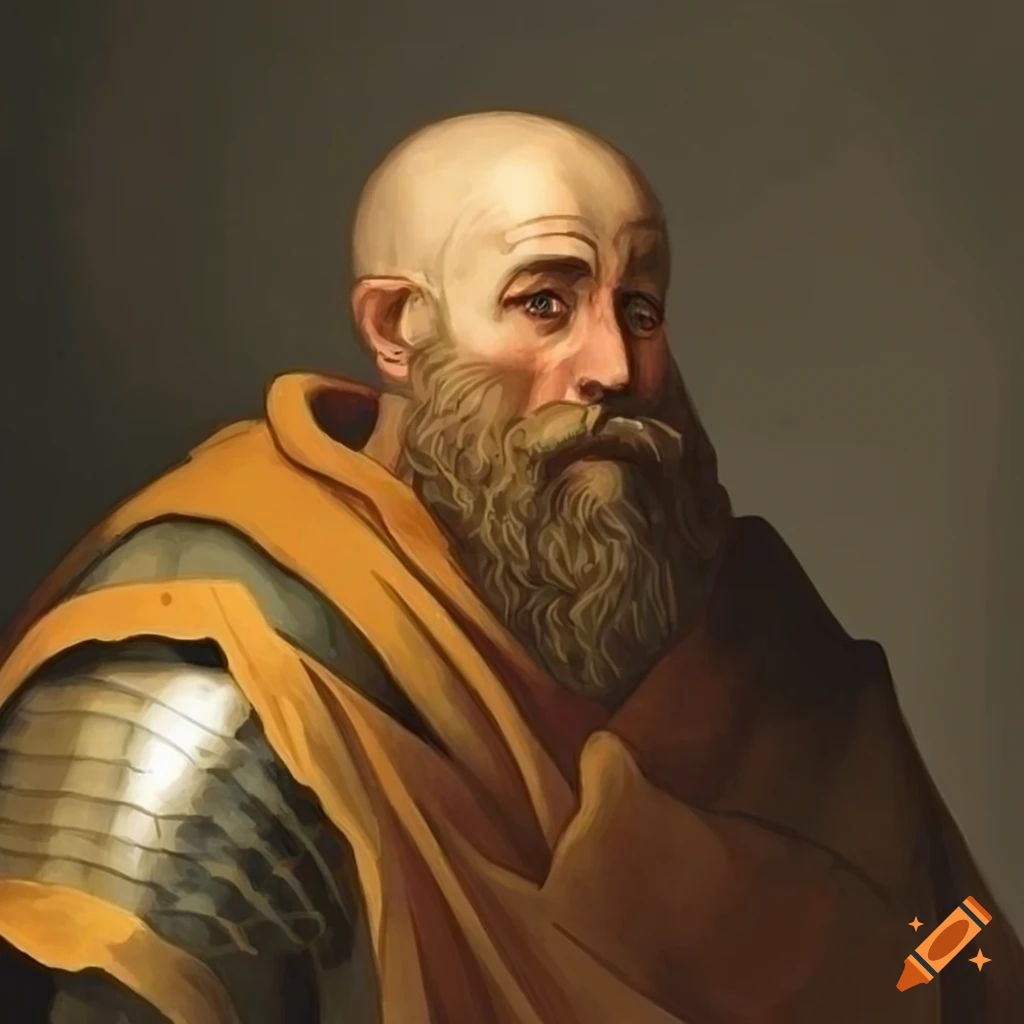 Portly middle aged monk in armor holding a halberd on Craiyon