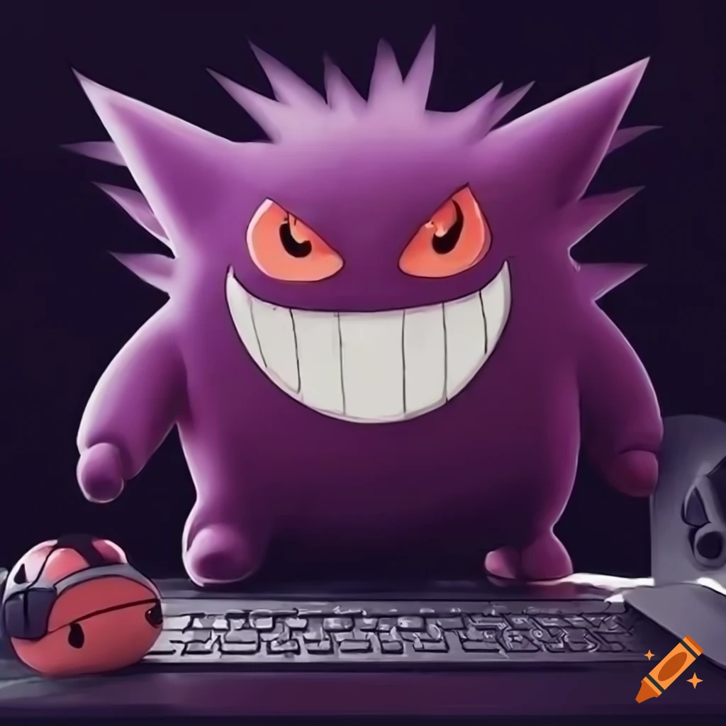 Gengar sitting at computer with headphones on on Craiyon
