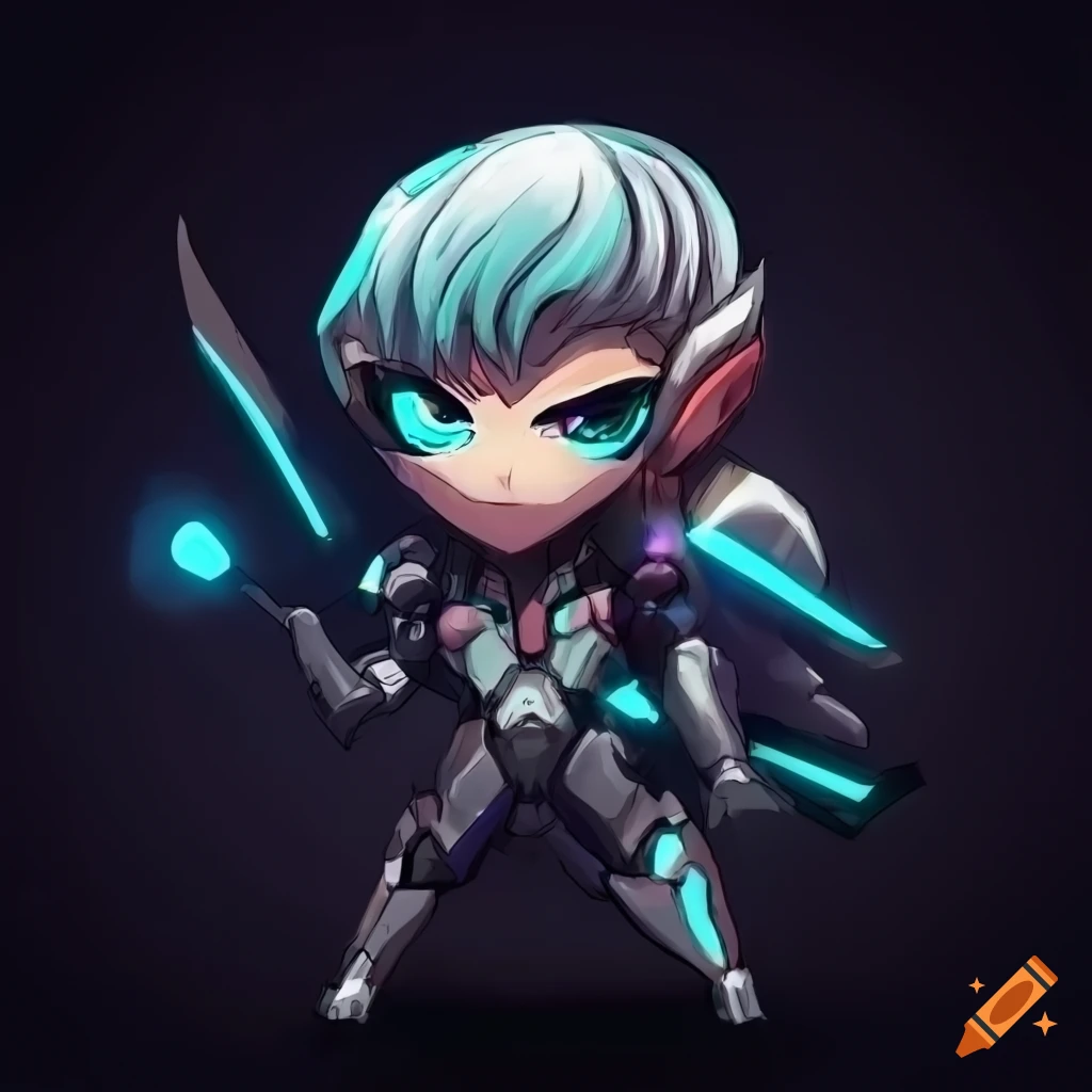 Chibi sci-fi anime hero in full armor wielding neo-plasma blades on Craiyon