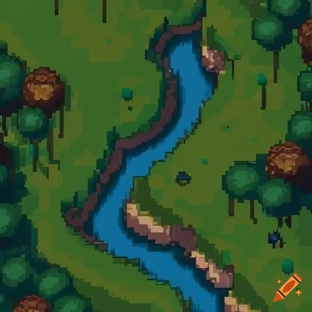 2d pixel art of a sunny day path near river in rpg maker tileset on Craiyon