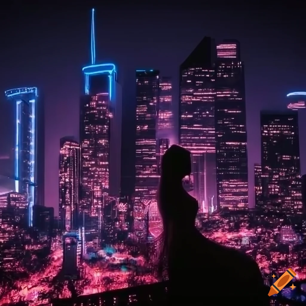 Neon-lit cityscape with celestial goddess and mesmerizing sculptures in ...