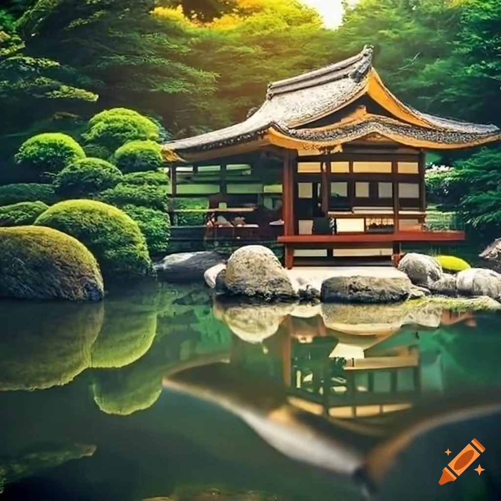 Peaceful japanese traditional garden, also known as zen garden on Craiyon