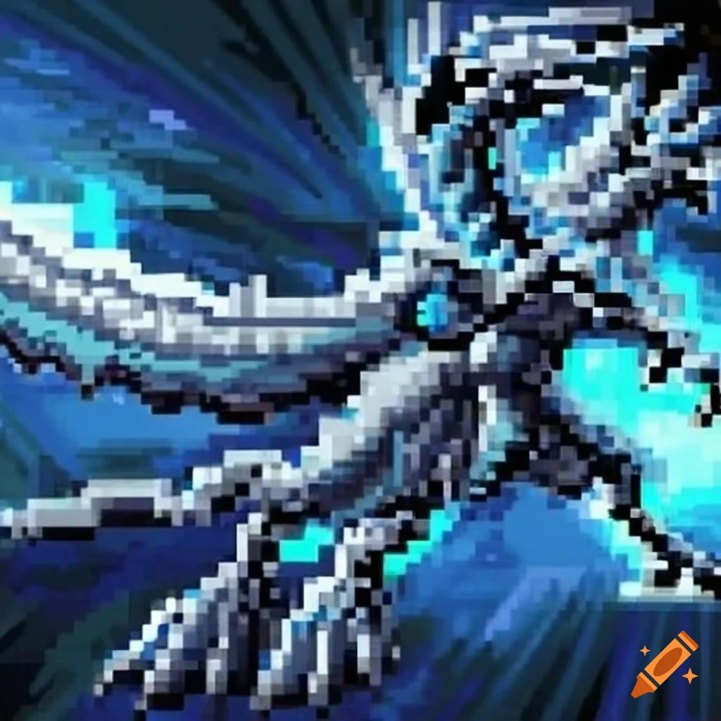 Epic pixel art of blue-eyes white dragon from yu-gi-oh on Craiyon