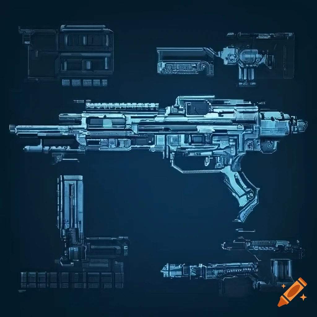 Detailed sci-fi weapon blueprint from Gears of War engineers on Craiyon