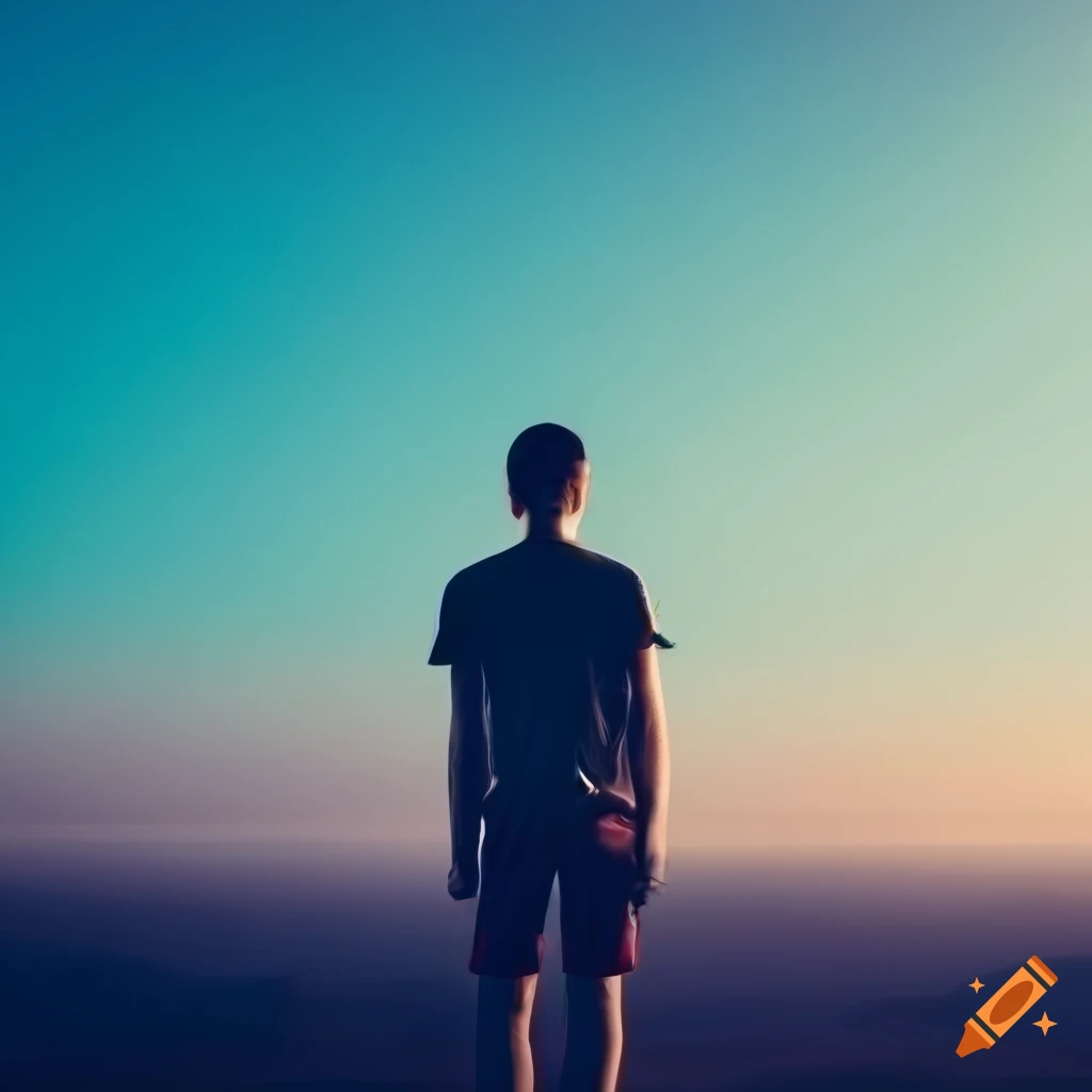 Distant young man looking away in a landscape on Craiyon