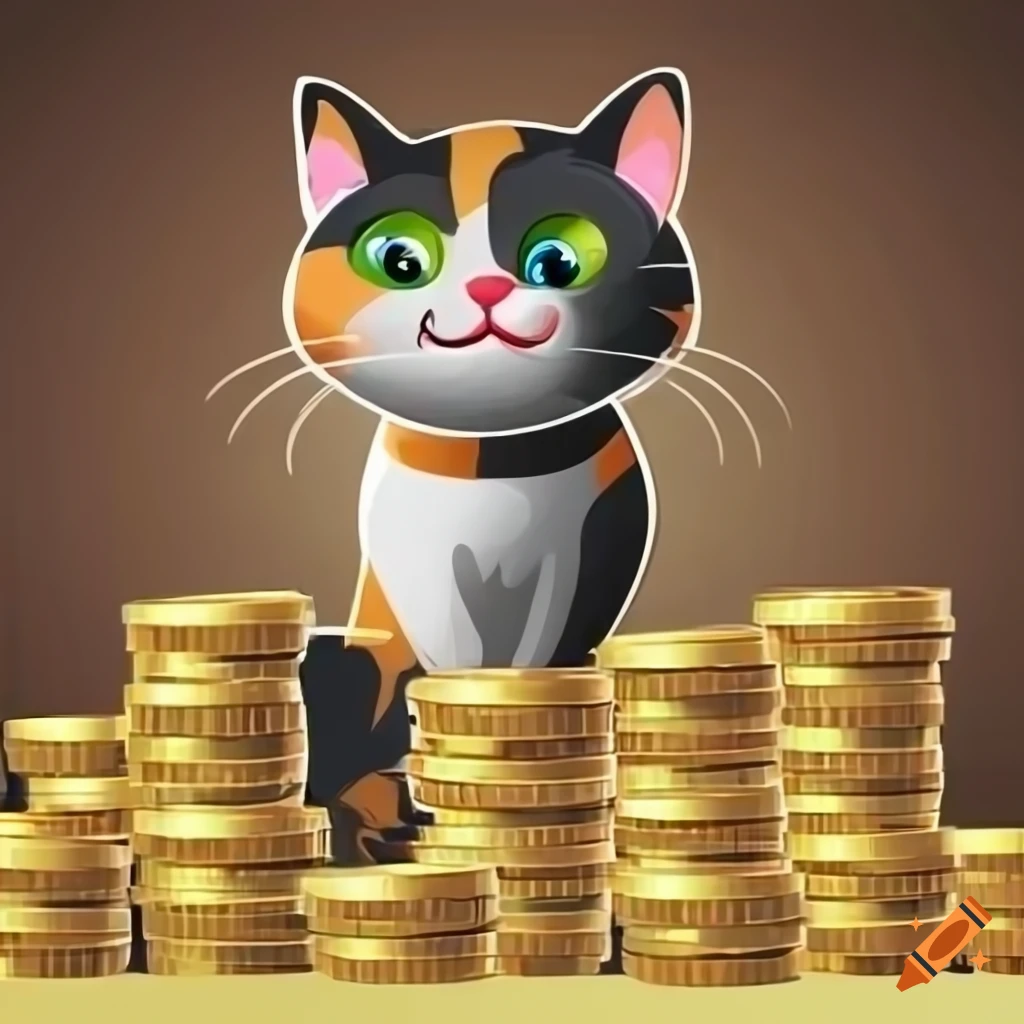 Cartoon calico cat with a pile of gold coins on Craiyon