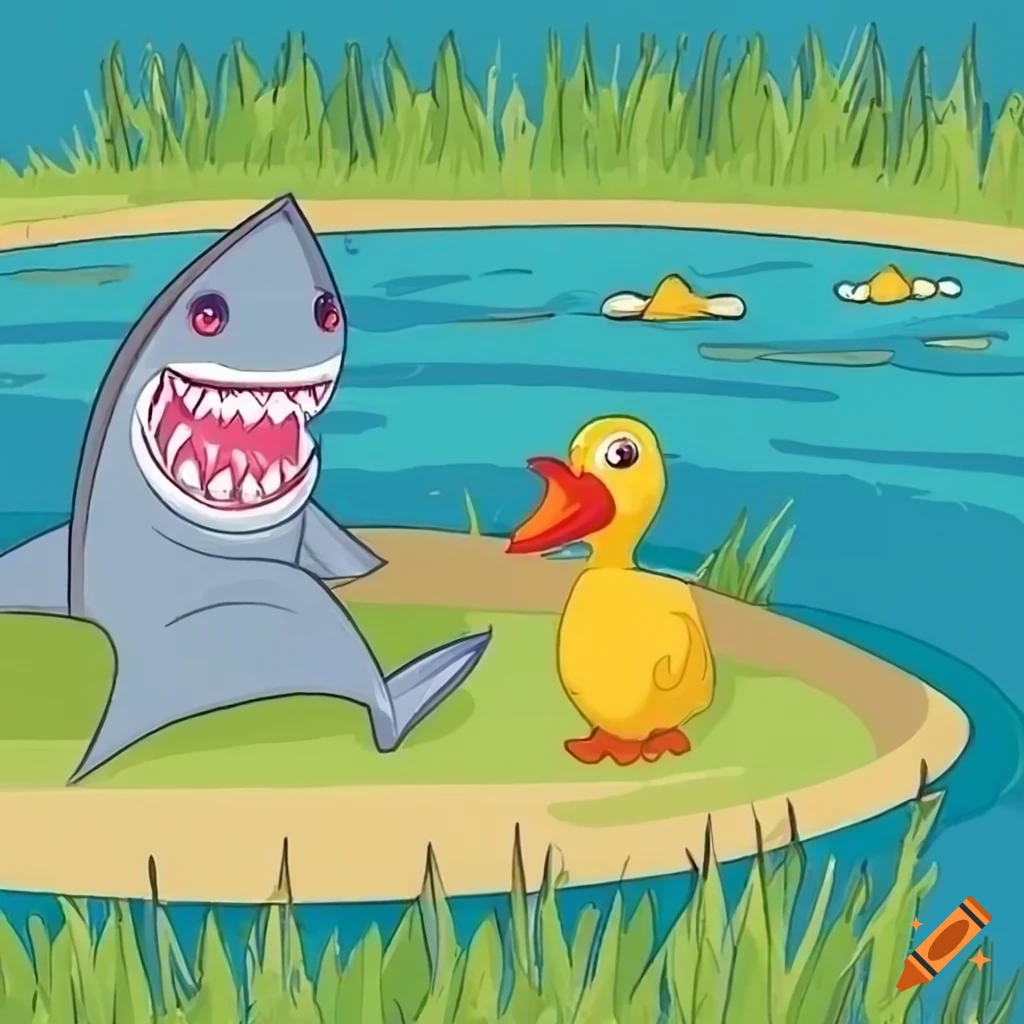 Friendly shark and curious duck enjoying peaceful time at the pond in ...