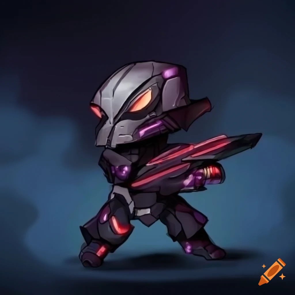 Chibi sci-fi anime style hero in full armor with neo-plasma blades on ...