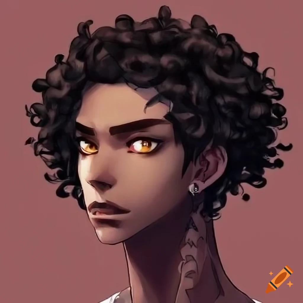 Japanese Anime Inspired Male Character With Dark Brown Skin And Curly