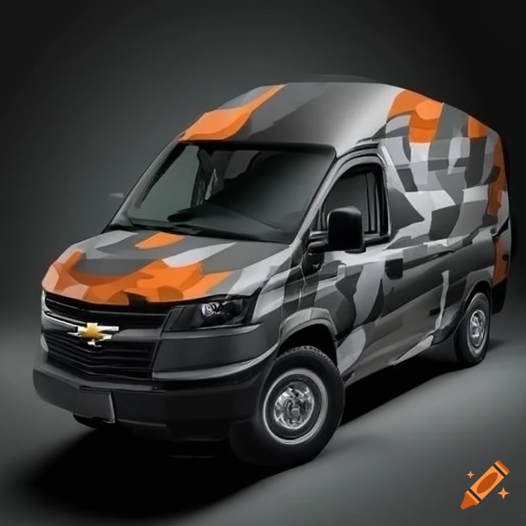 Chevy cargo van with modern geometric camouflage vinyl wrap on Craiyon