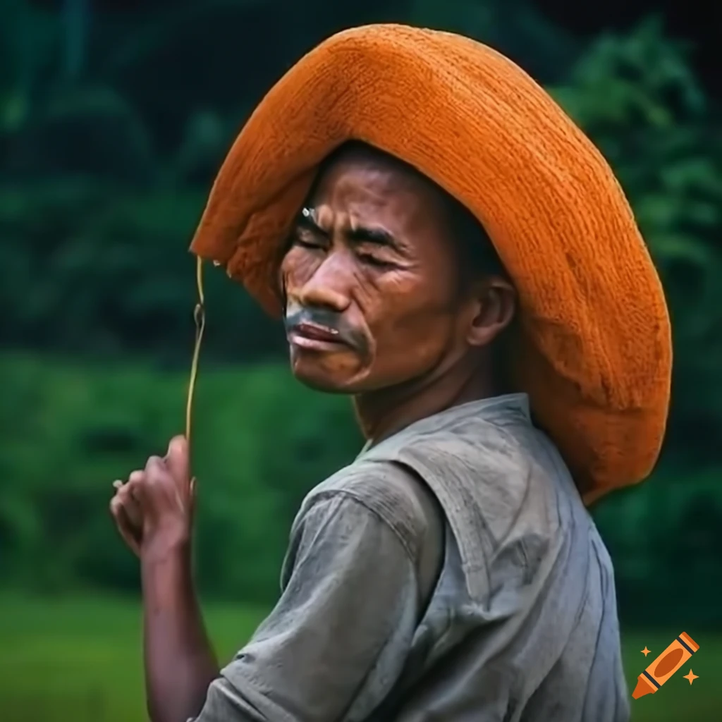 Thor at rice field wearing an orange hat, feeling tired in a cinematic ...