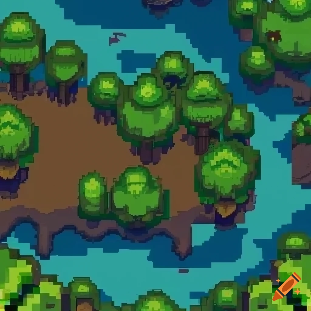 2d pixel art of trees near a river in rpg maker tileset style on Craiyon
