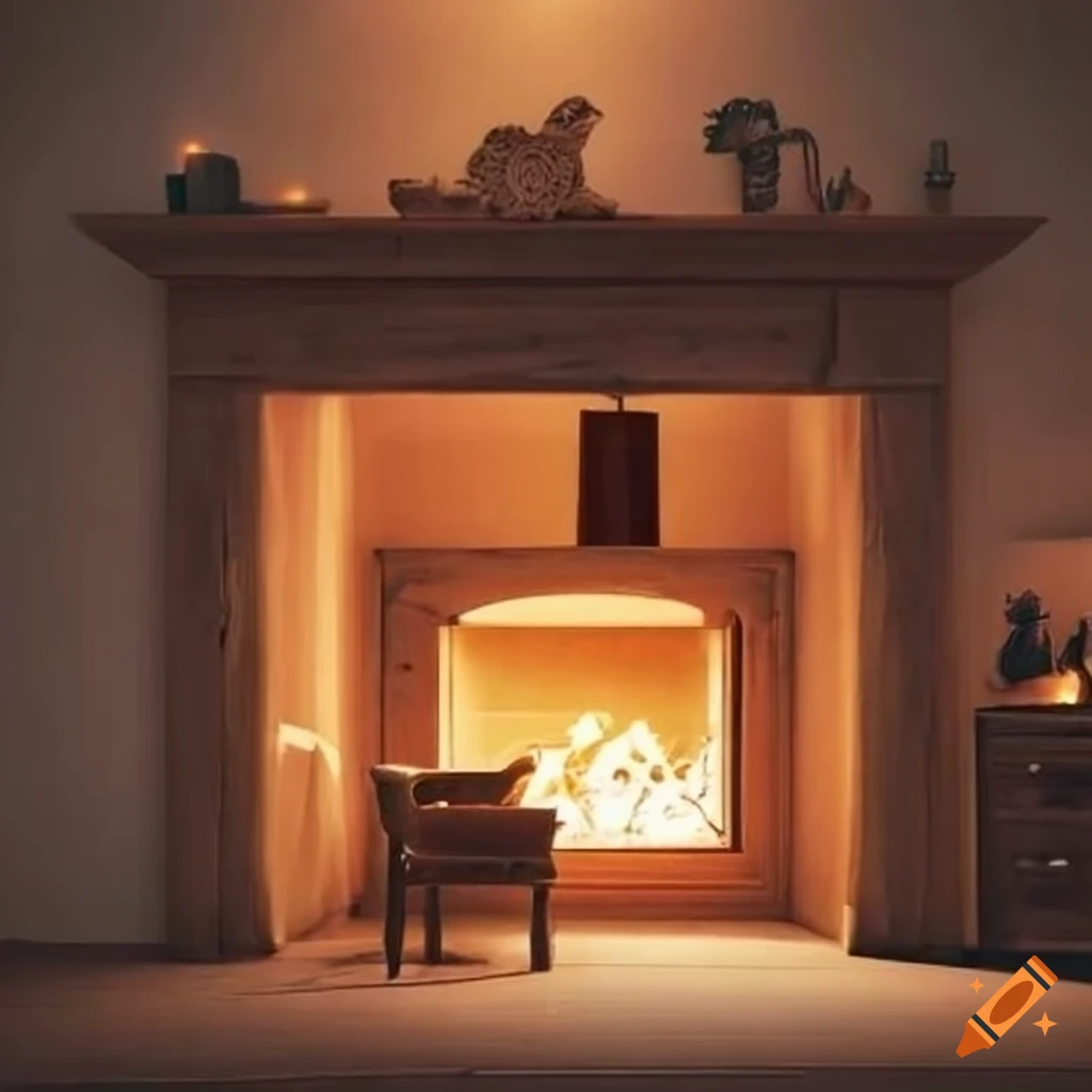 Cozy living room with rustic wooden furniture and lit fireplace on Craiyon