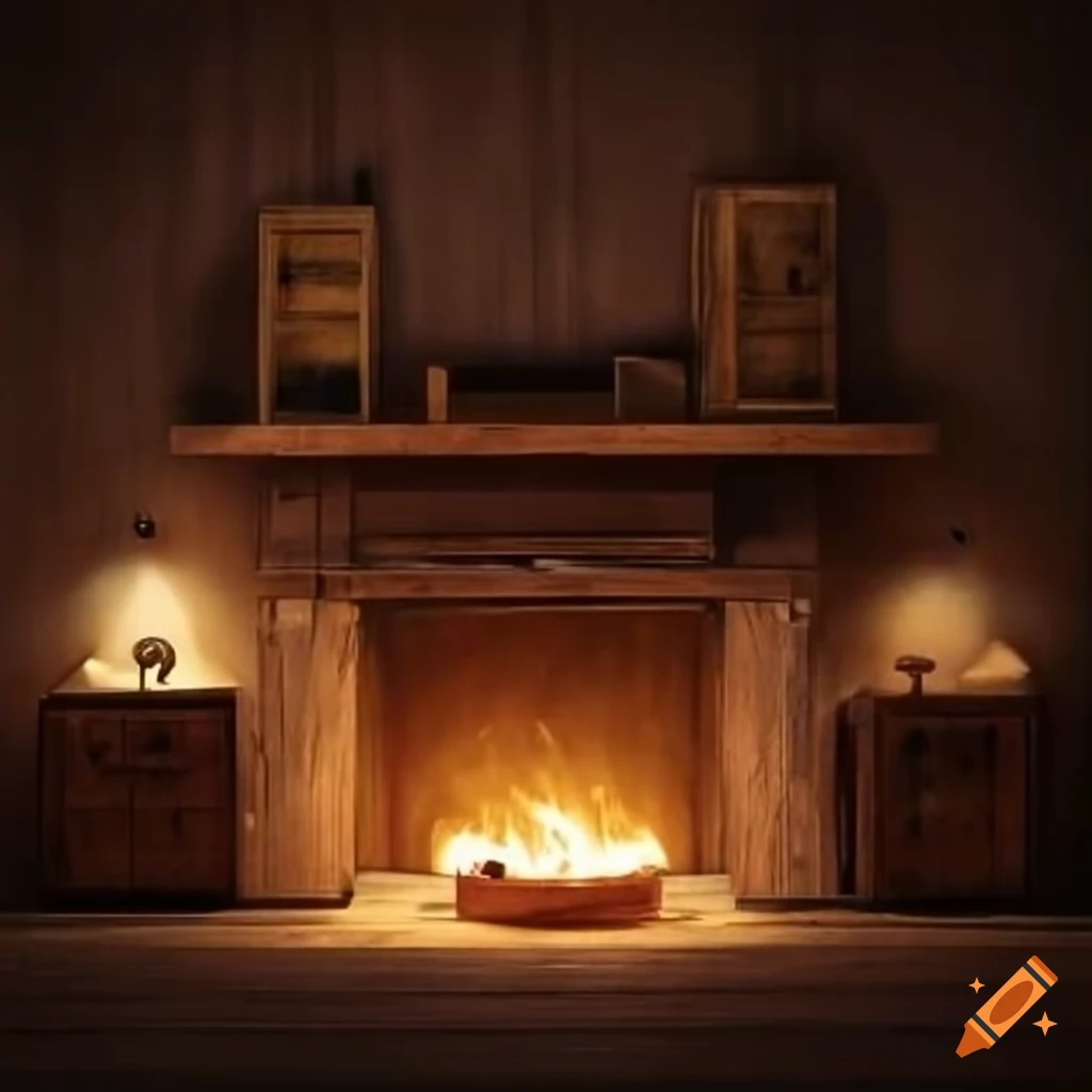 Cozy living room with rustic wooden furniture and lit fireplace on Craiyon