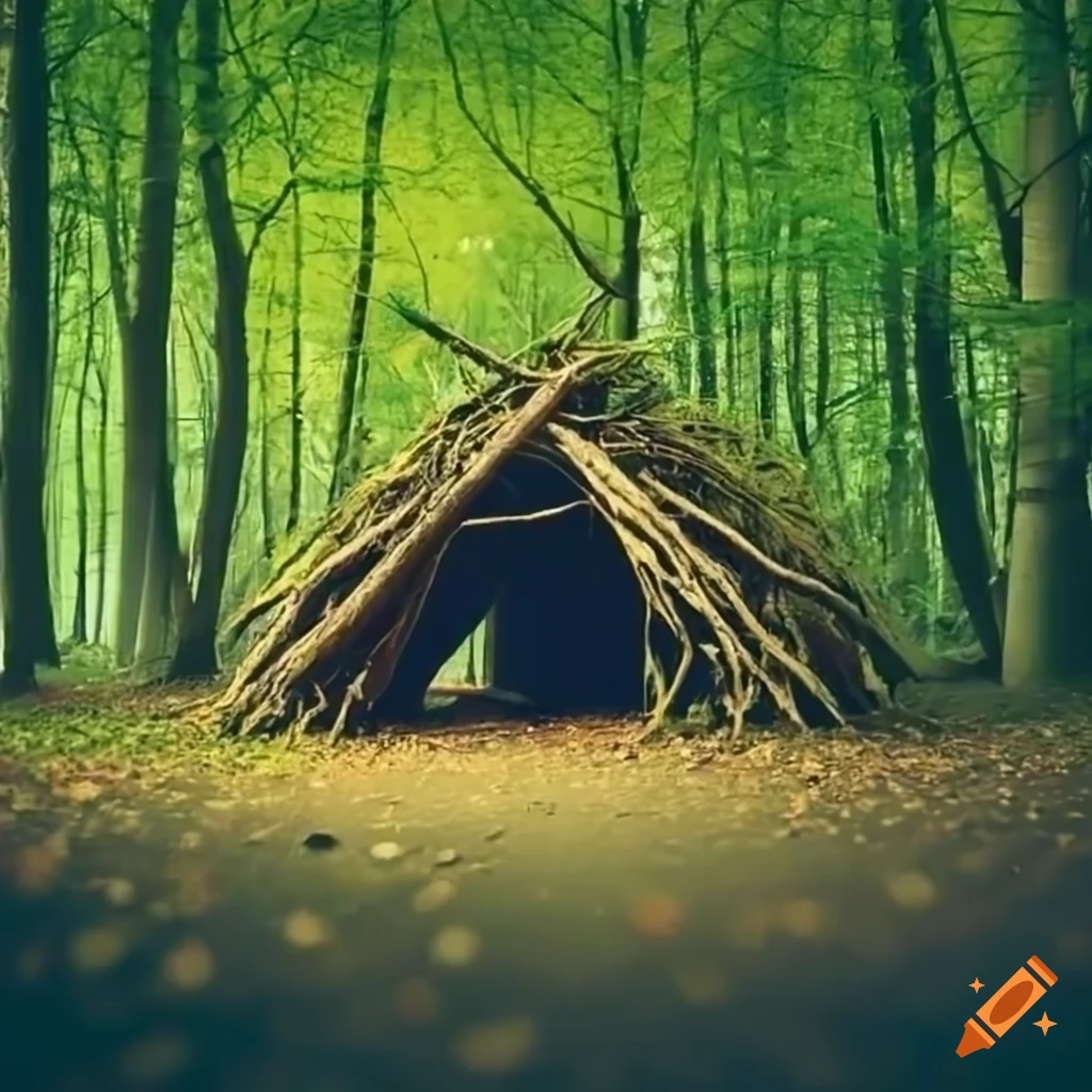 Simple shelter made of branches and leaves in a bright green deciduous ...
