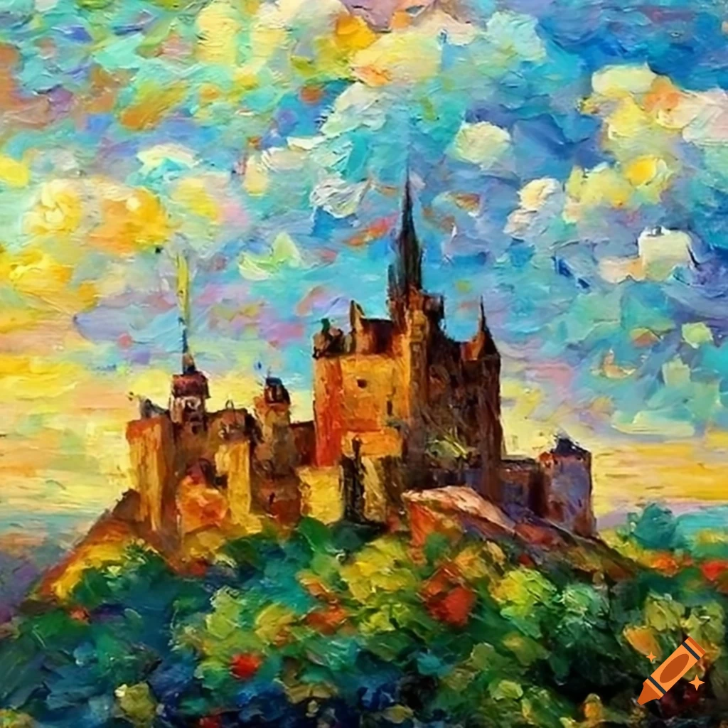Castle in the clouds depicted in hd oil impressionism painting on Craiyon