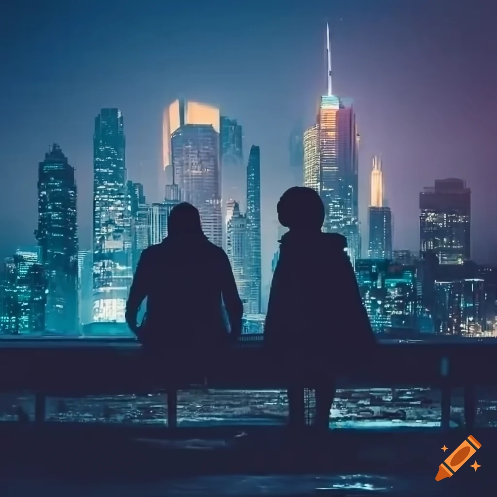 Two people talking on the roof of an abandoned building with ...